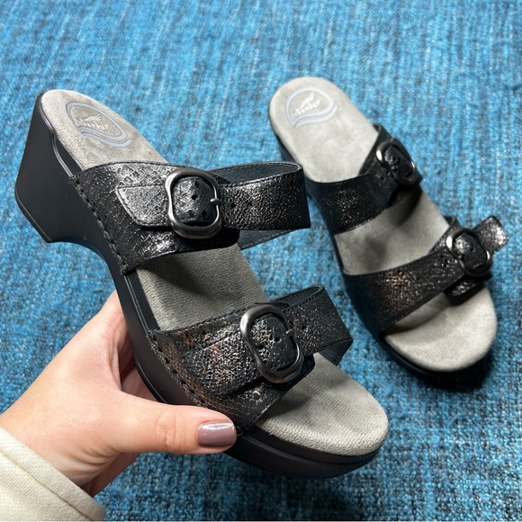 Dansko | Shoes | Dansko Sophie Metallic Python Print Leather Slide Sandals In Black Iridescent ...